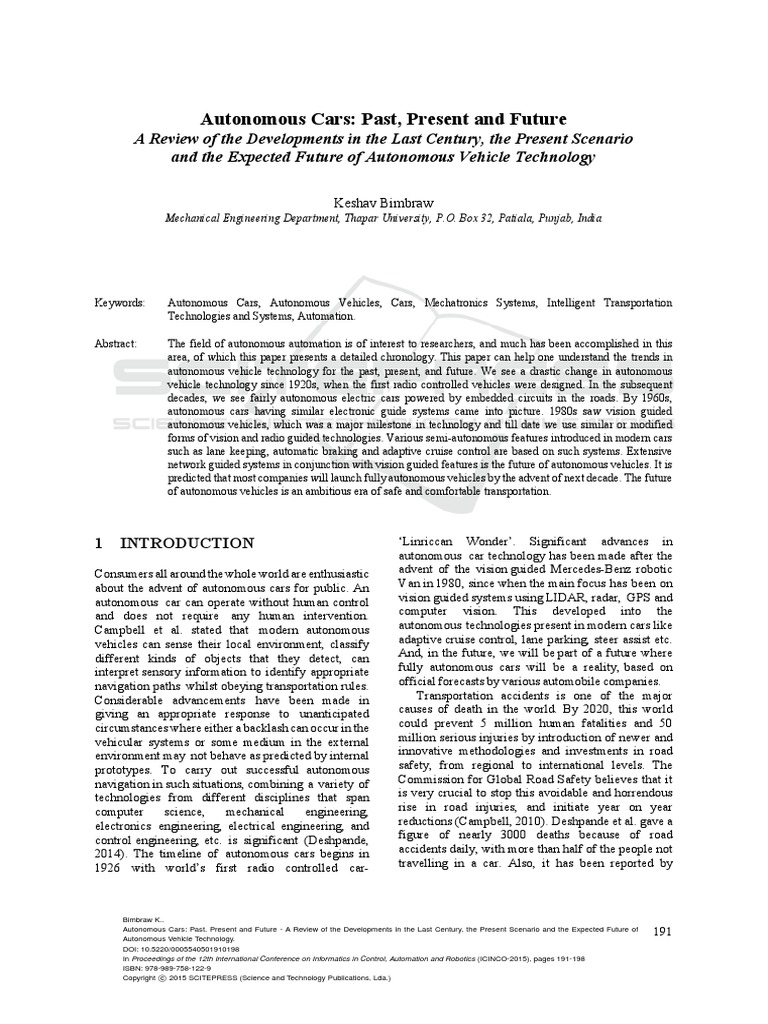Autonomous Cars: Past, Present and Future | PDF