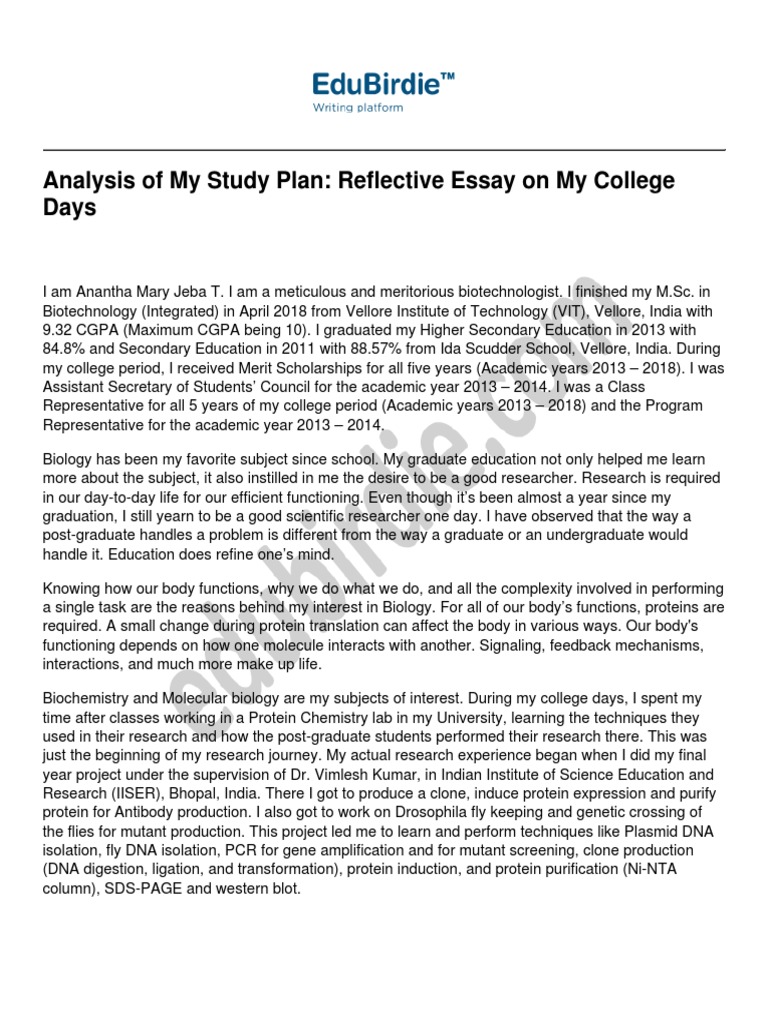 Analysis of My Study Plan Reflective Essay On My College Days | PDF ...