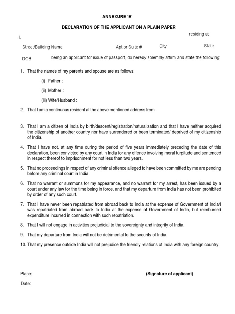 Sample Declaration for Indian Passport | PDF