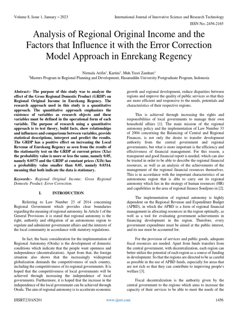 Analysis Of Regional Original Income And The Factors That Influence It With The Error Correction