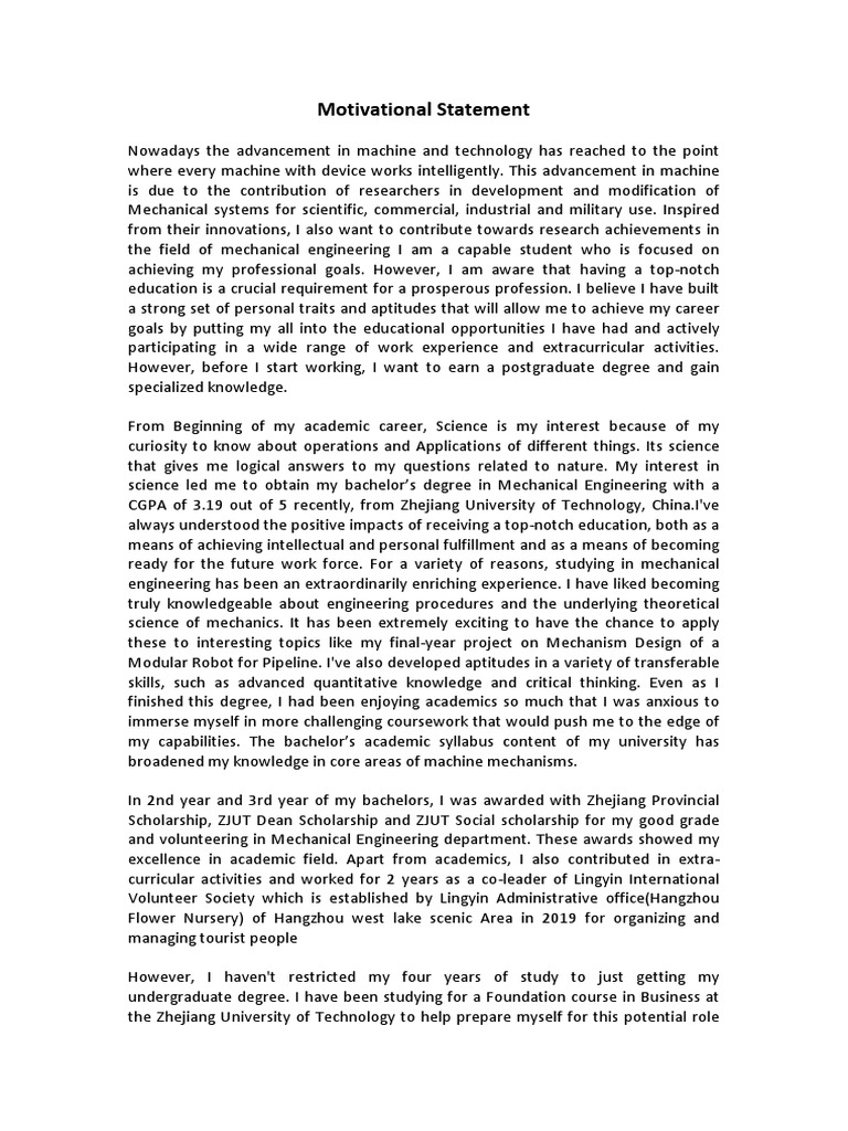 Motivation Statement For CSC Scholarship | PDF | Science | Engineering