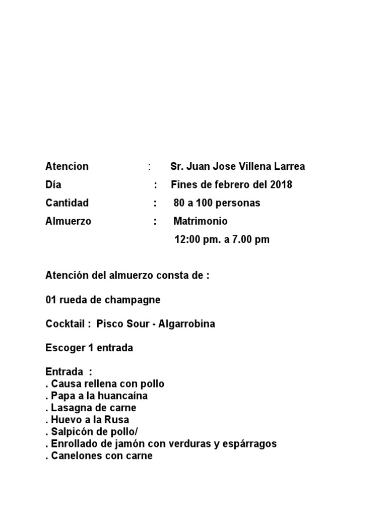 Menú y Detalles de Almuerzo para Matrimonio | PDF | Bebidas alcohólicas ...
