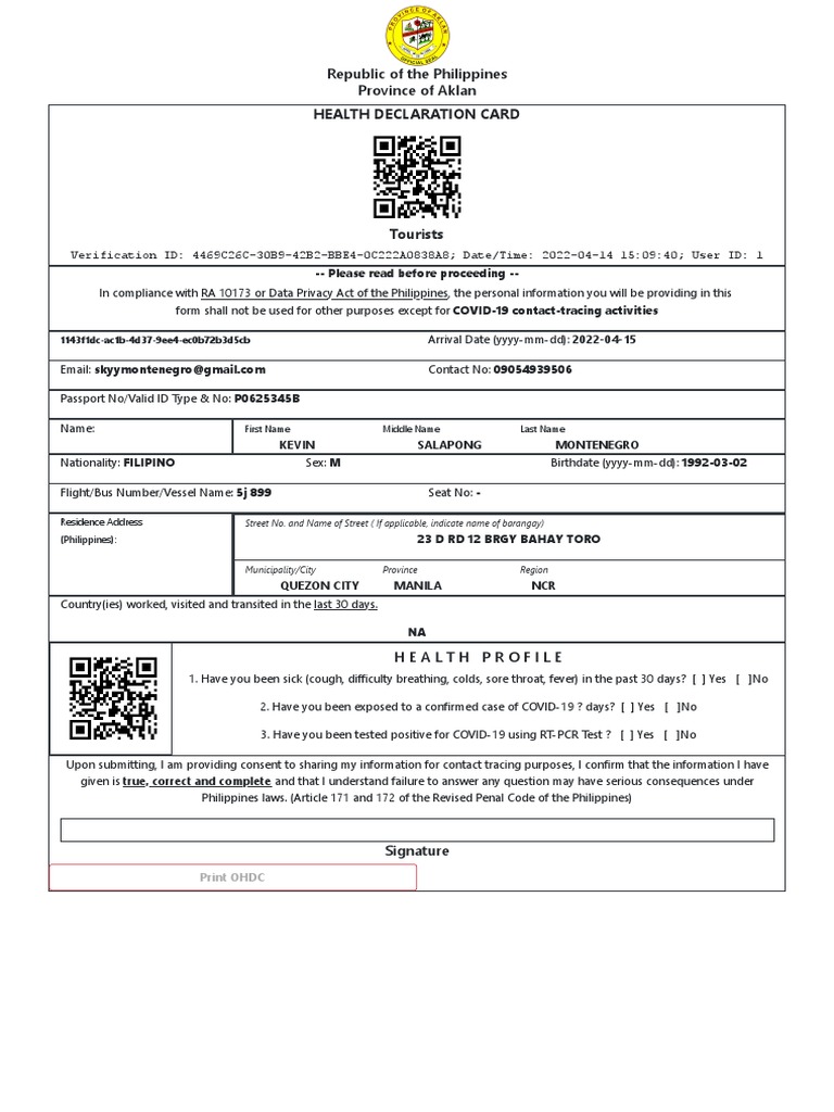 Health Declaration Card for COVID-19 Contact Tracing of Travelers to ...