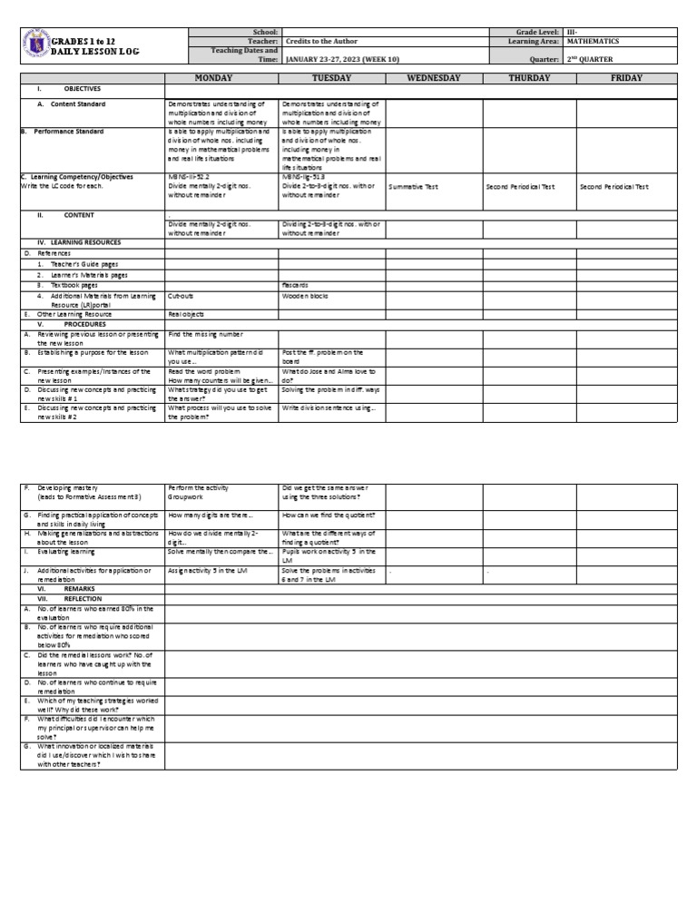 DLL - Mathematics 3 - Q2 - W10 | PDF | Learning | Teaching