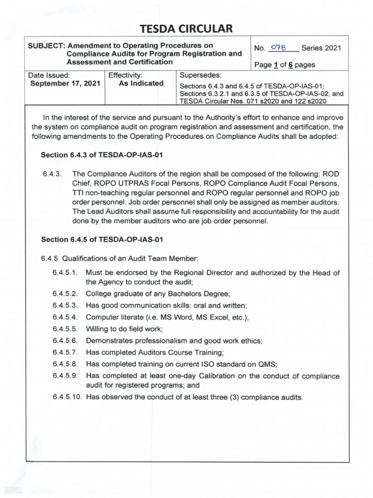 TESDA Circular No. 078-2021 | PDF | Audit | Business