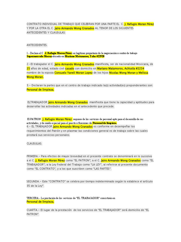 Contrato individual de trabajo entre J. Refugio Moran Pérez y Jairo ...