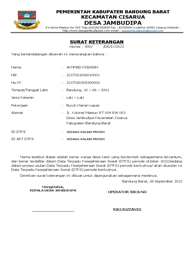 Surat Keterangan BDT Format Keterangan DTKS Baru | PDF