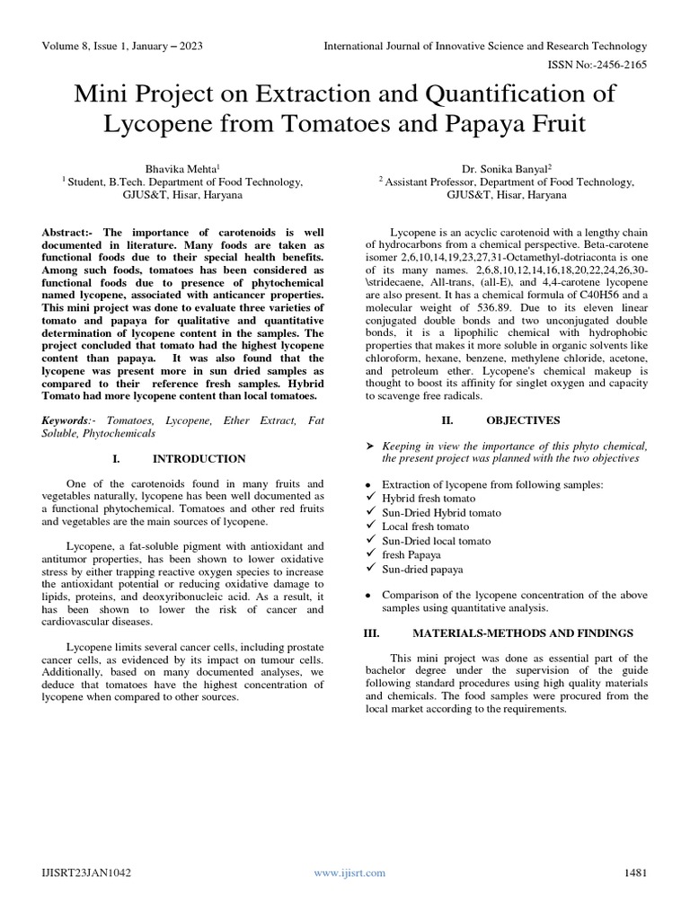 Mini Project On Extraction and Quantification of Lycopene From Tomatoes and Papaya Fruit | PDF ...