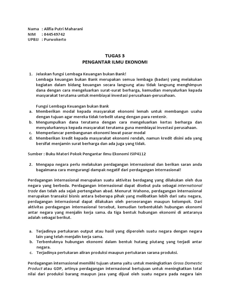 Tugas 3 Pengantar Ilmu Ekonomi - Alifia Putri Maharani - 044549742 | PDF | Bisnis | Politik