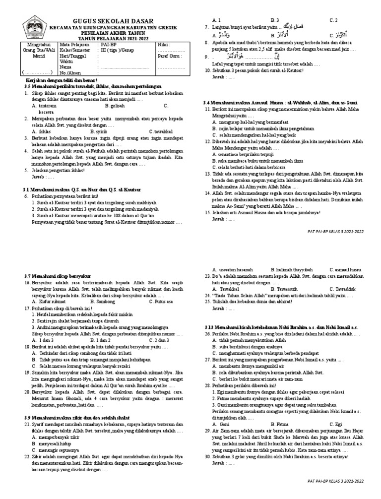 Pai Kelas 3 Master Soal Pat Genap 21-22 | PDF