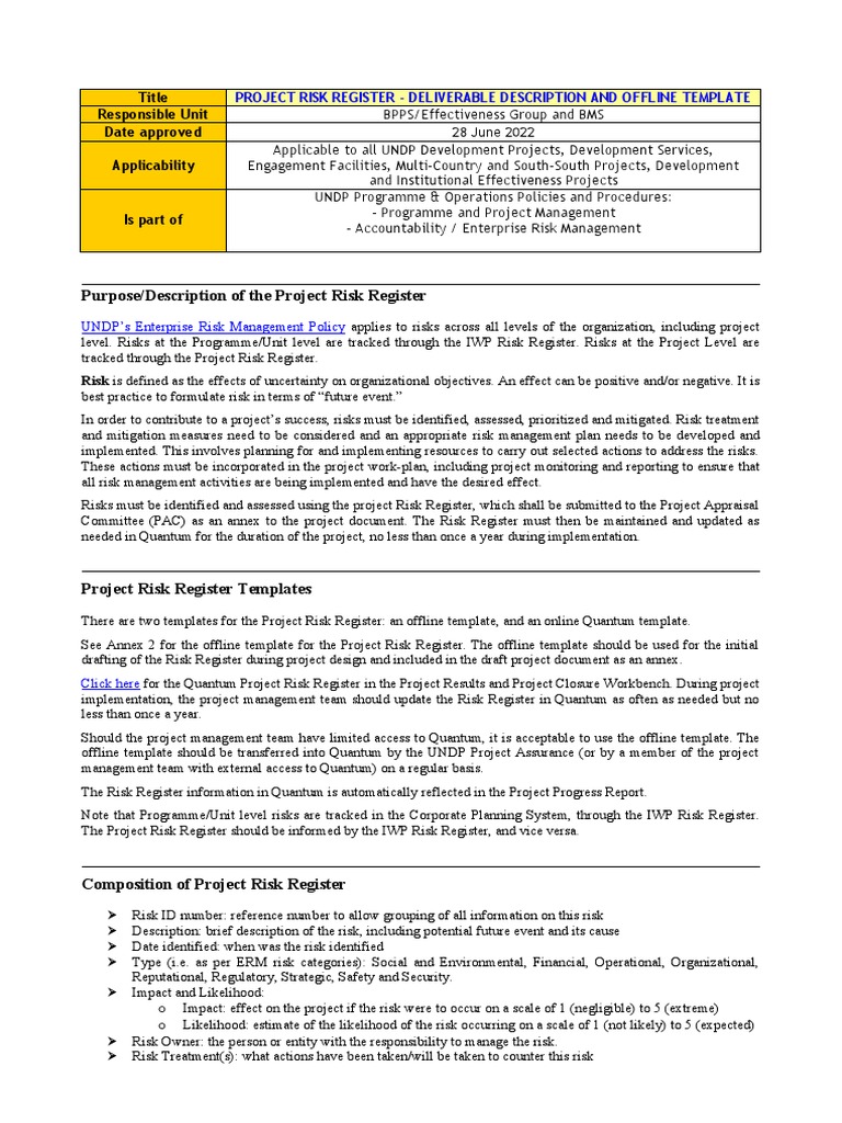 PPM - Project Risk Register Description and Offline Template | PDF ...