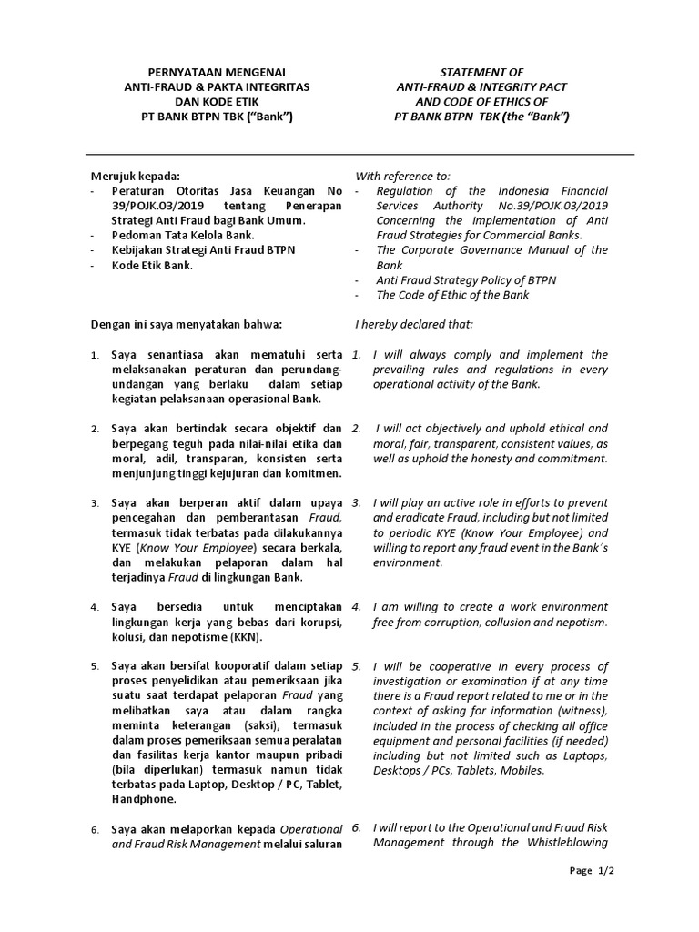 Deklarasi Anti Fraud Pakta Integritas Dan Kode Etik - 2022 | PDF ...