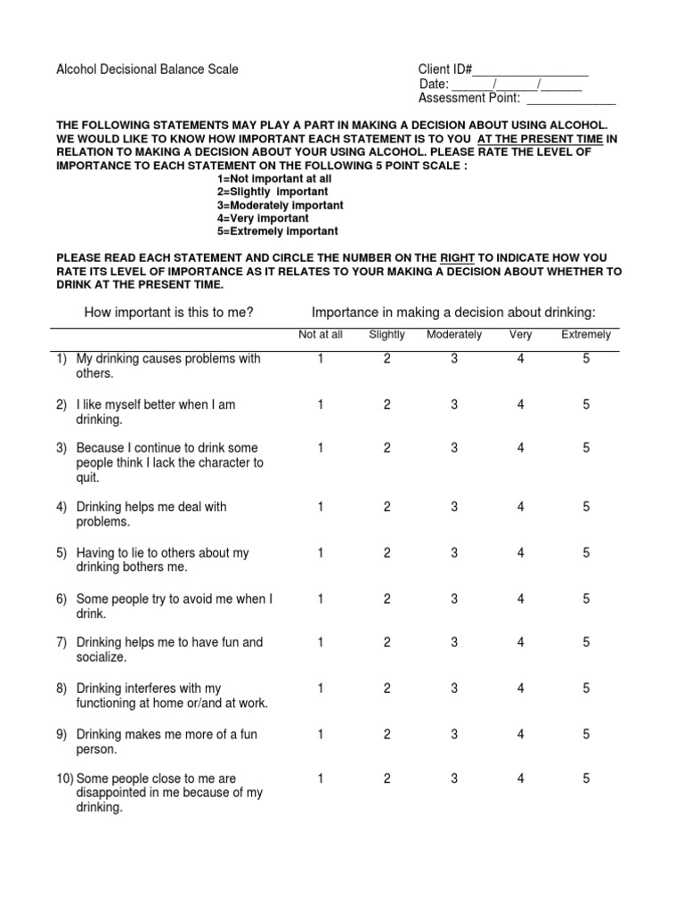 Alcohol Decisional Balance Scale | Download Free PDF | Psychology Alcohol Decisional Balance Scale | Download Free PDF | Psychology