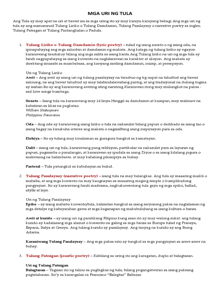 Mga Uri NG Tula | PDF