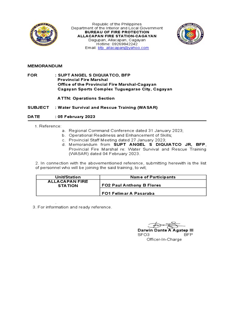 Memo Re WASAR TRAINING | PDF