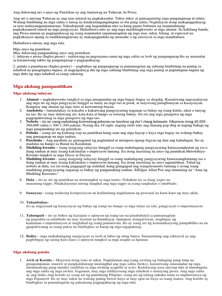 Fil 102 Mga Anyo NG Panitikan | PDF