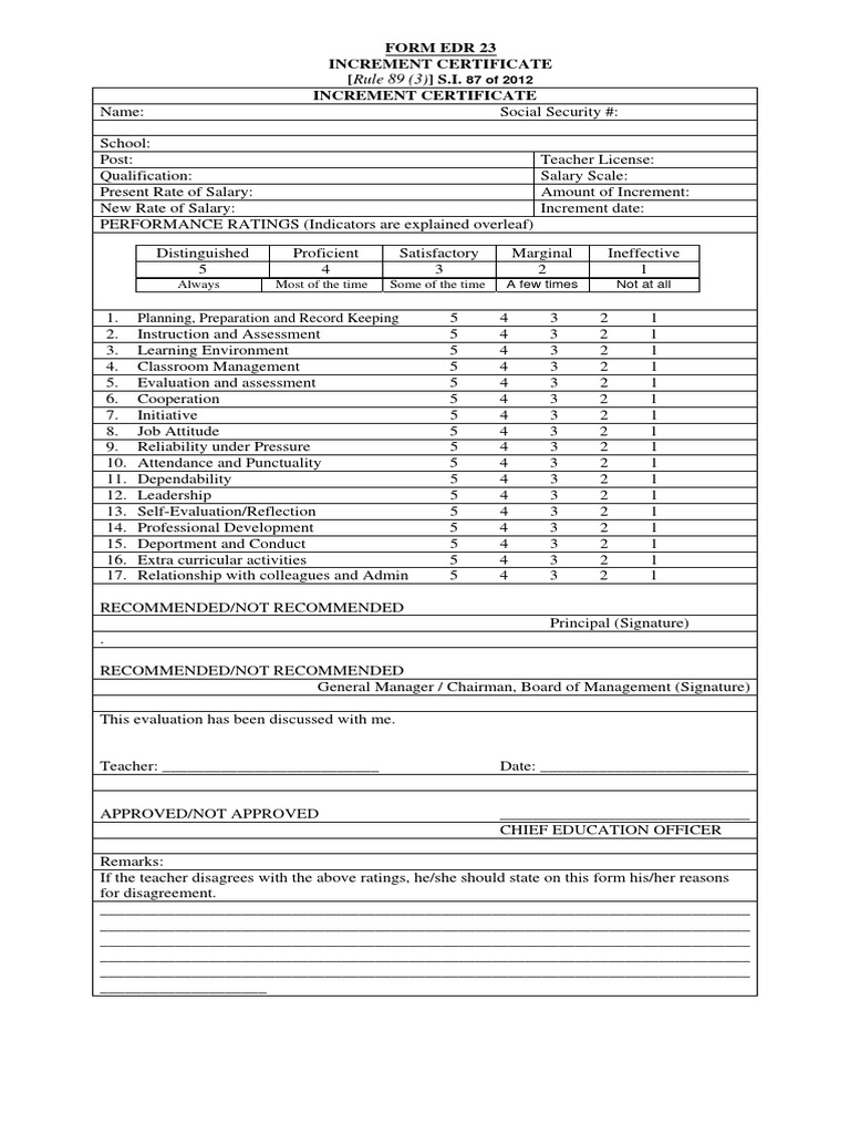 Teacher Increment Certificate Form EDR 23 | PDF