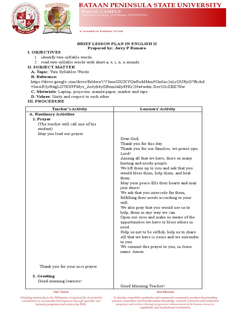 Detailed Lesson Plan in English 2 | PDF | Syllable | Prayer