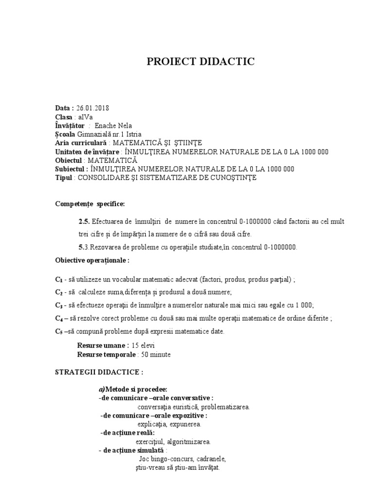 Proiect Didactic Mate. | PDF