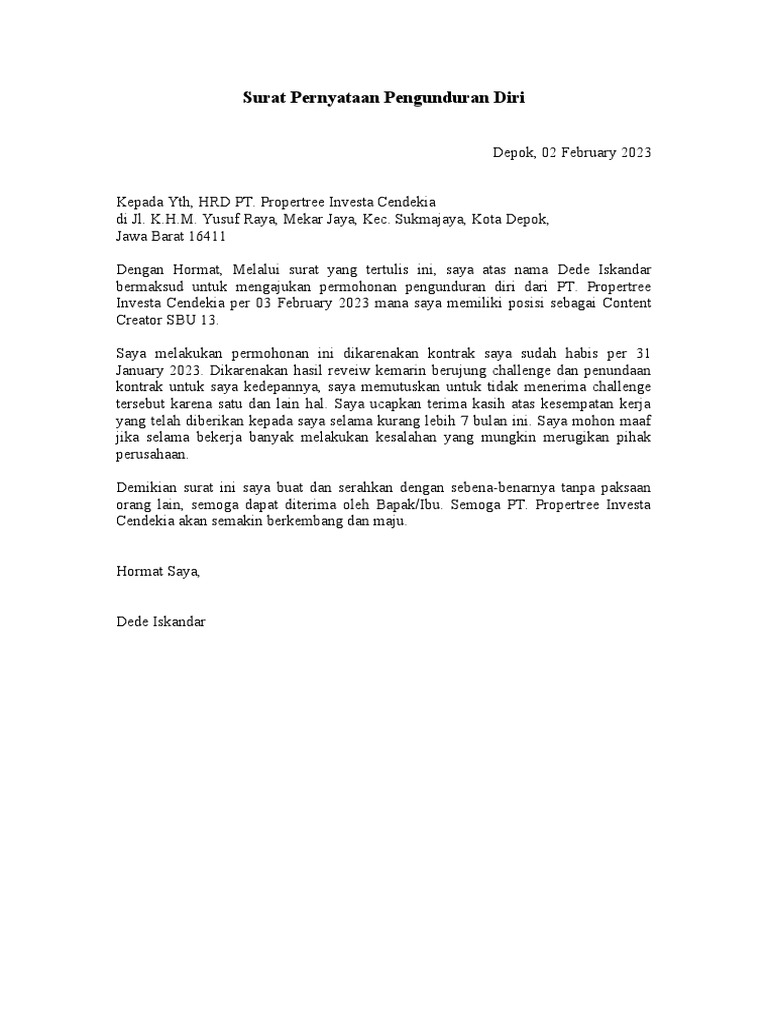 Surat Pernyataan Pengunduran Diri - Dede Iskandar | PDF