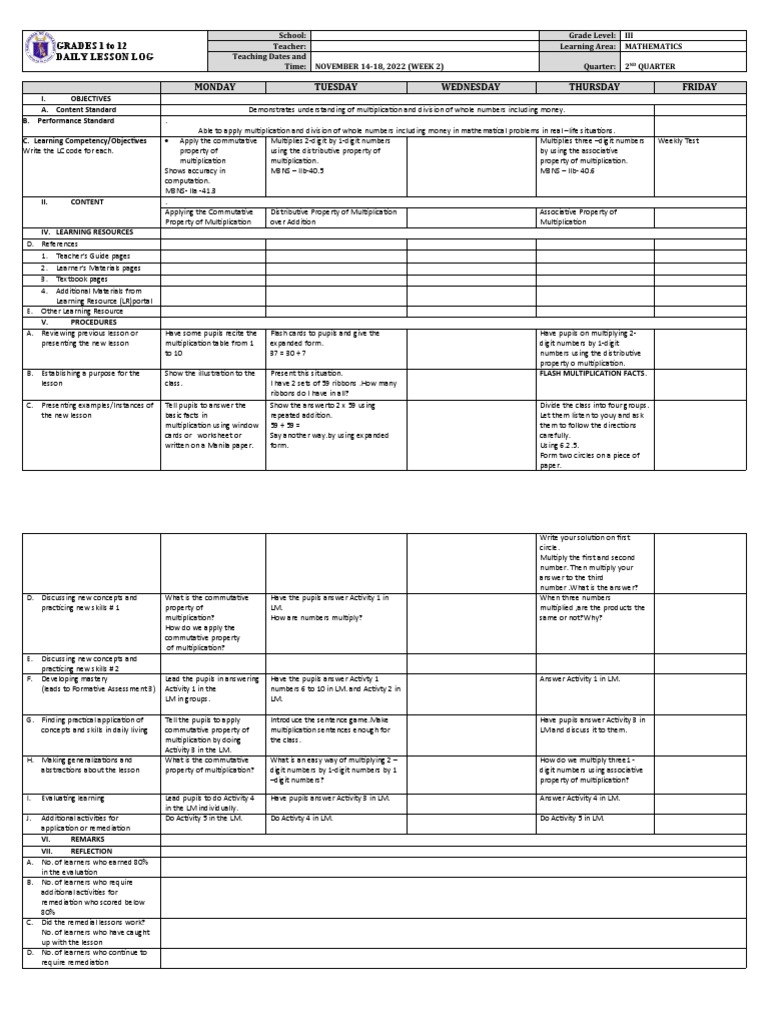 DLL - Mathematics 3 - Q2 - W2 | PDF | Multiplication | Learning