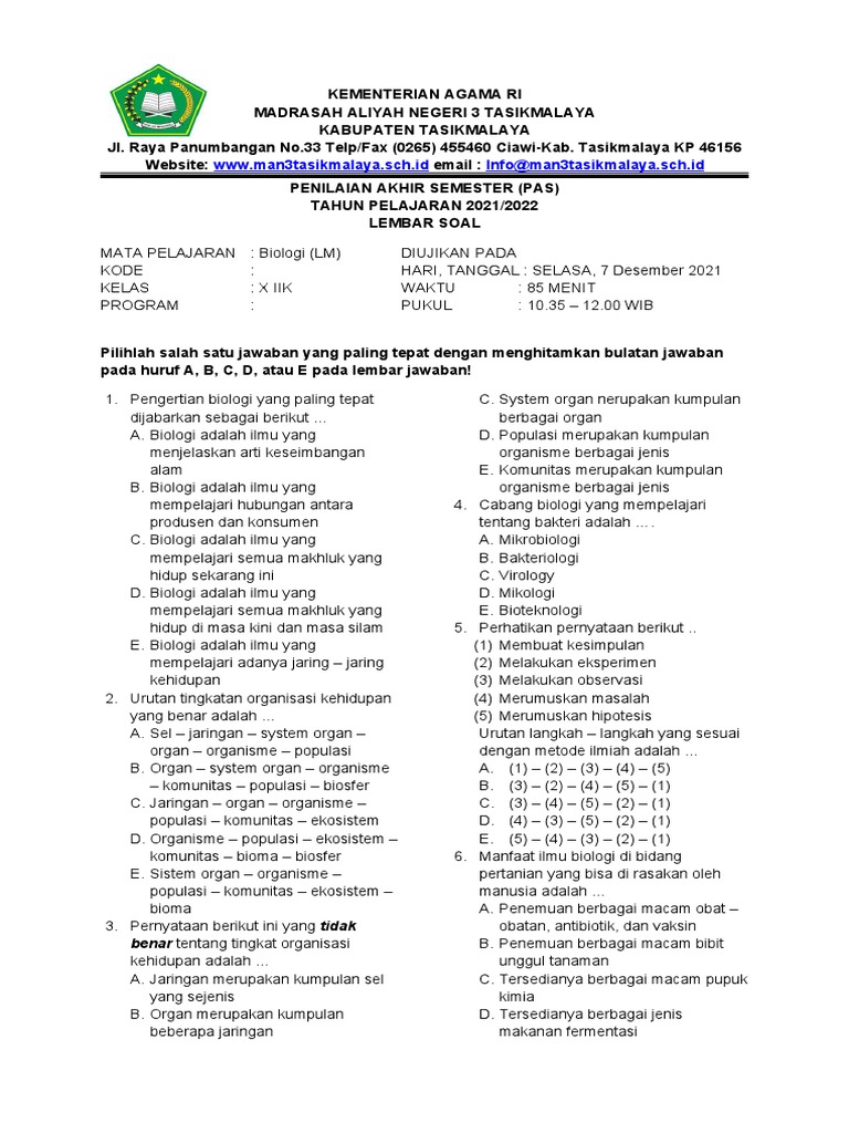 Soal Pas Biologi Kelas X Iik | PDF