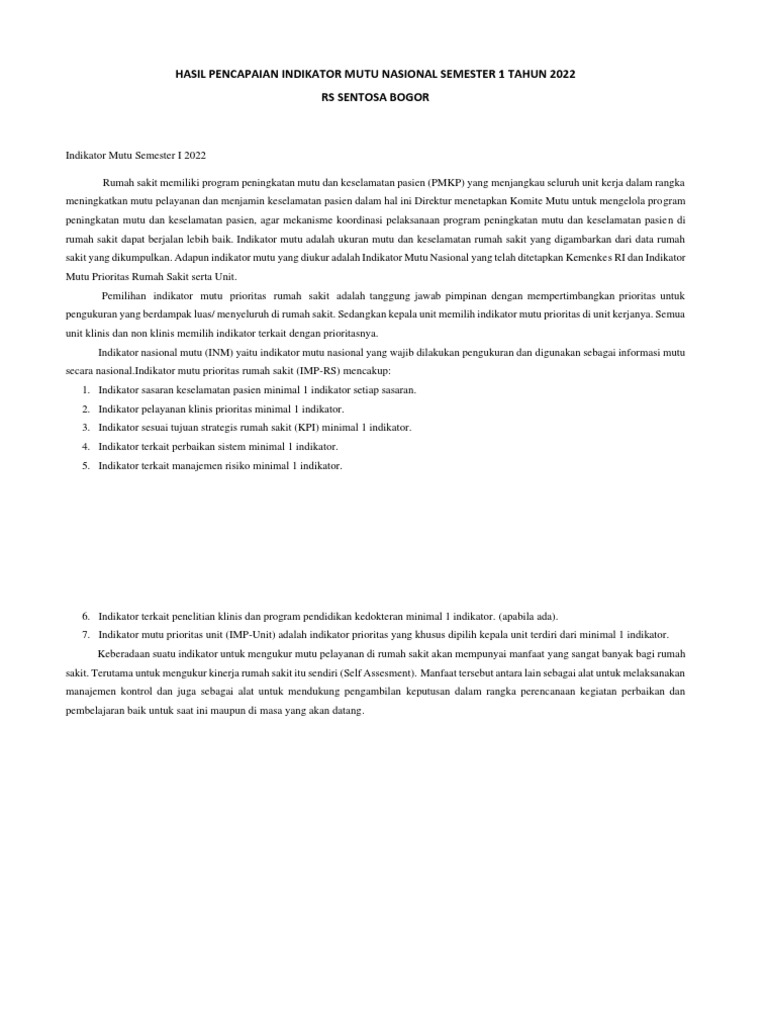 Hasil Pencapaian Indikator Mutu Nasional Semester 1 Yang Mencapai Target Tahun 2022 | PDF | Bisnis
