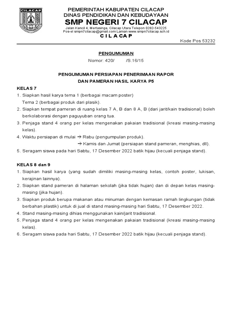 Pemberitahuan Penerimaan Rapor Dan Pameran P5 | PDF