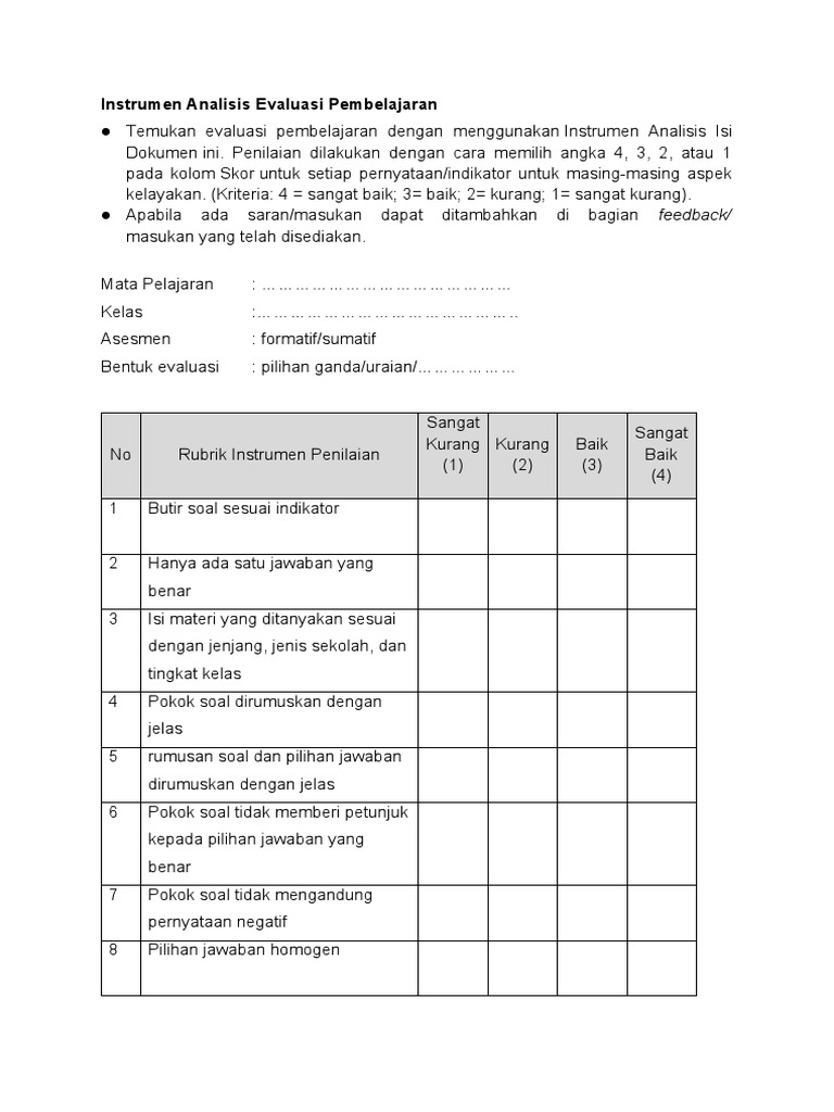 Instrumen Analisis Evaluasi Pembelajaran | PDF