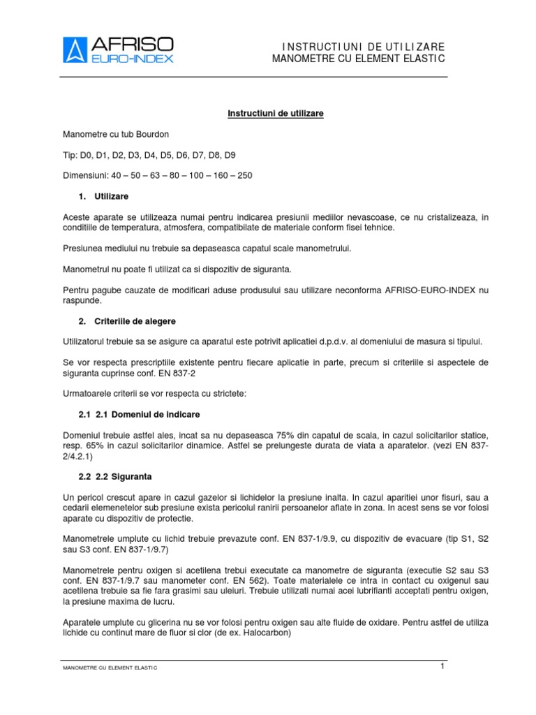 Instructiuni de Utilizare: Manometre Cu Element Elastic | PDF