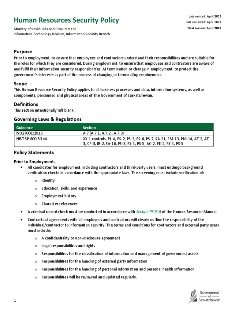 Human Resources Security Policy | PDF | Information Security | Employment