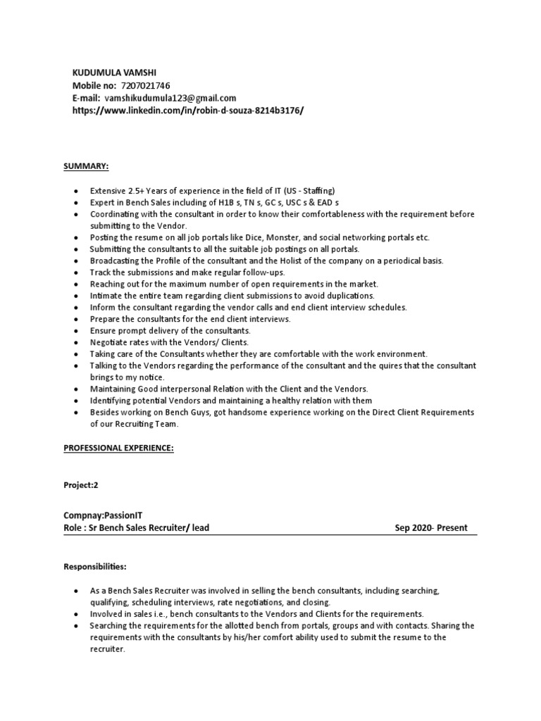 KUDUMULA VAMSHI OPT Bench Sales | PDF | Recruitment | Consultant