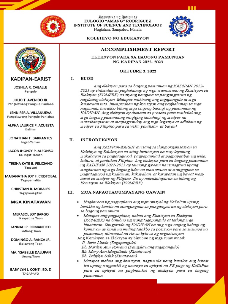 Accomplishment Report - KADIPAN ELEKSYON 2022 | PDF