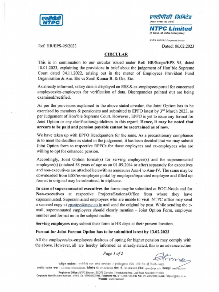 NTPC Circular - EPS 95 - Joint Option Form - 06.02.2023 | PDF | Pension ...