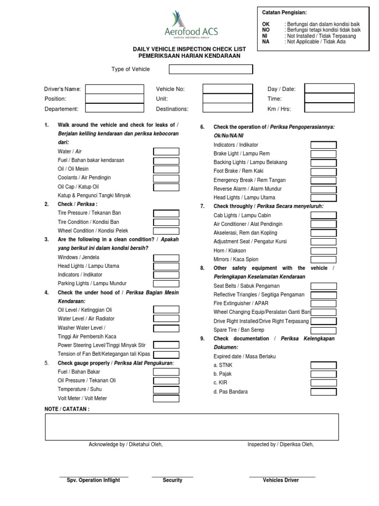 Checklist Daily Kendaraan | PDF
