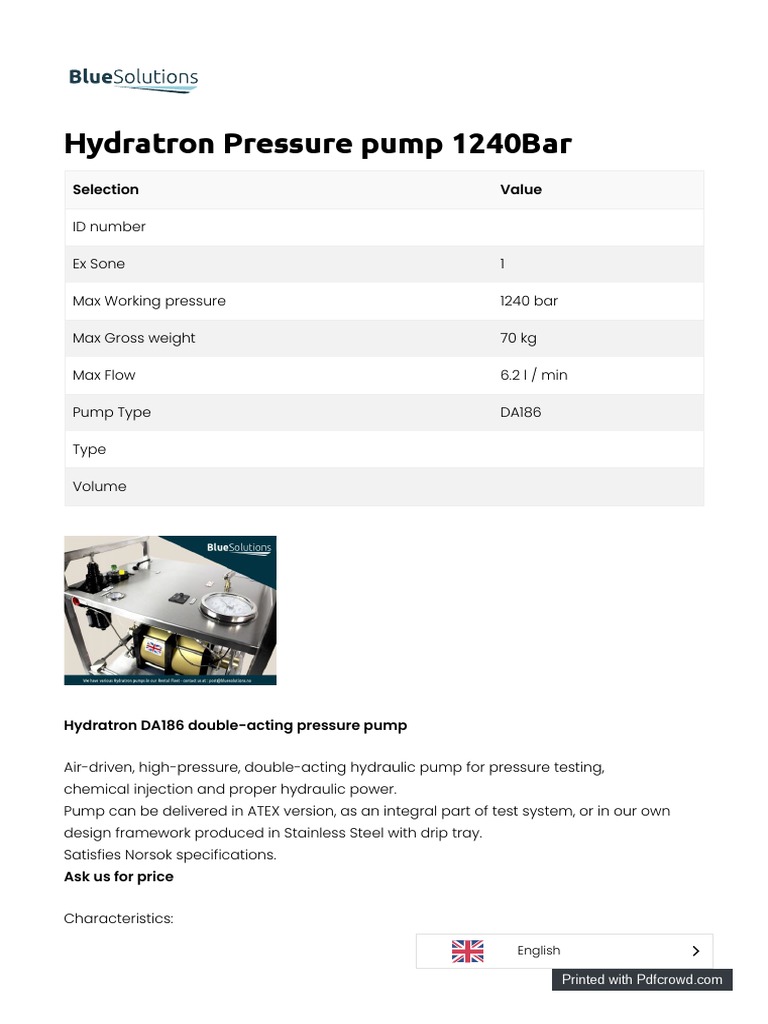 High-Pressure Hydratron DA186 Double-Acting Pump for Testing and ...