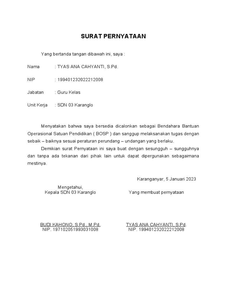 Contoh SURAT PERNYATAAN Bendahara | PDF