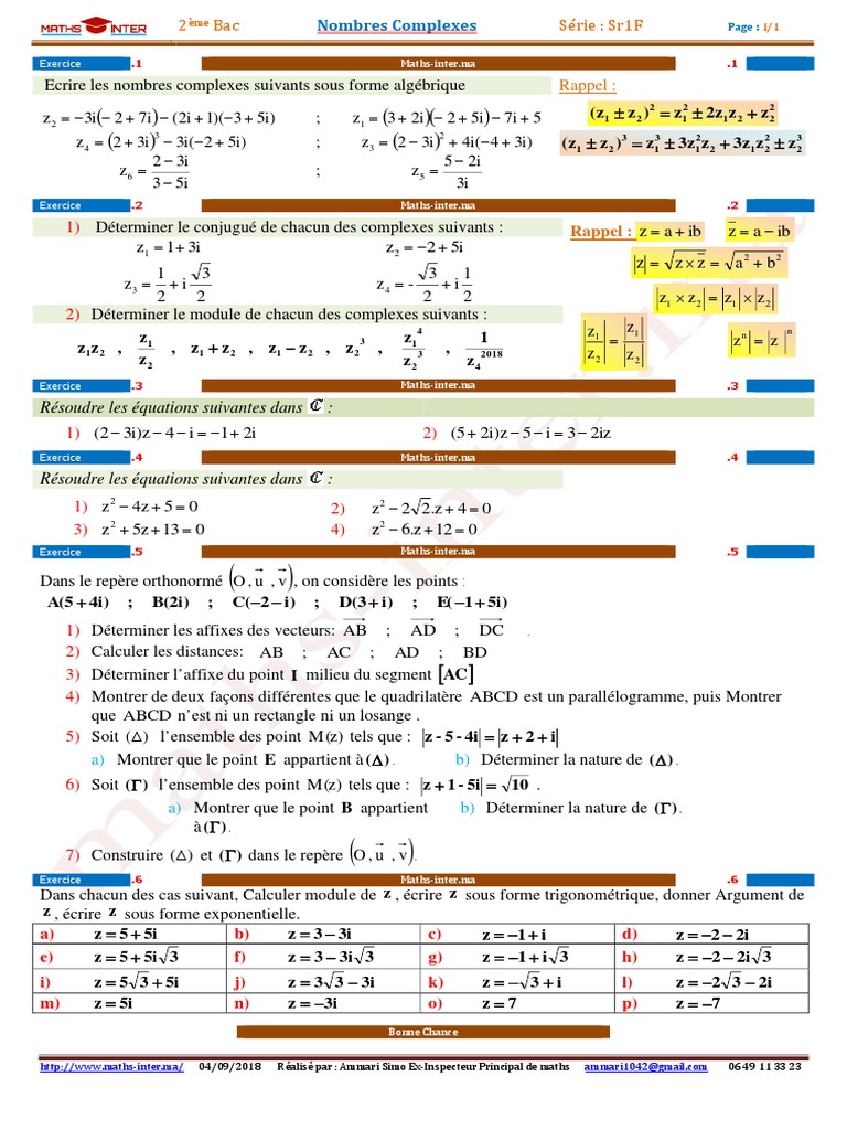 Nombres Complexes : Exercices 2ème Bac | PDF | Nombre complexe | Formes ...
