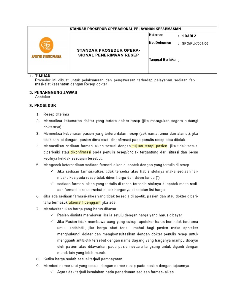 Standar Prosedur Operasional Pelayanan Kefarmasian Apotek Firgiz Farma