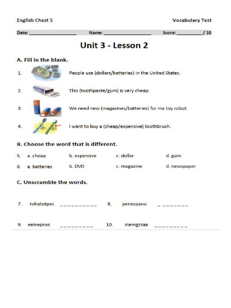 English Chest 5 Vocabulary Test Libur Corona | PDF