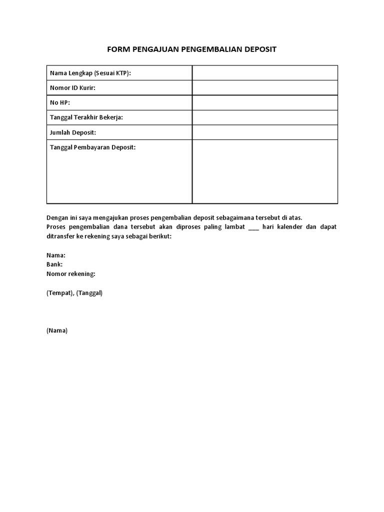 Formulir Pengembalian Deposit Dana | PDF
