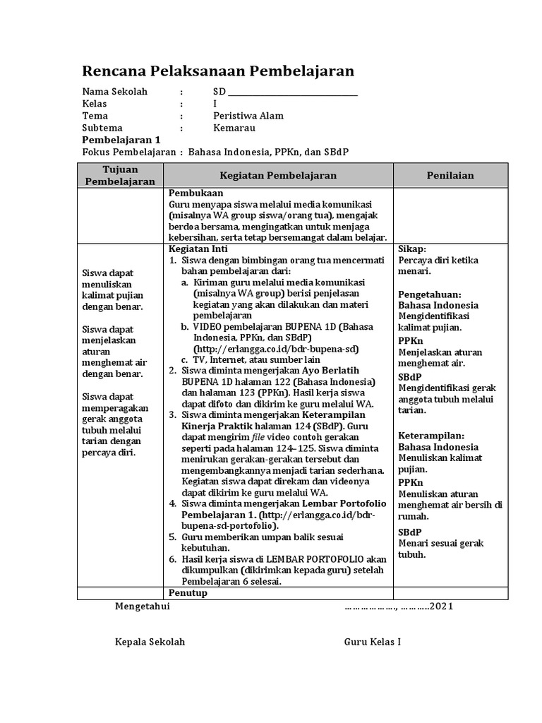 RPP BUPENA Kelas 1 Tema 8 Sub 2 | PDF
