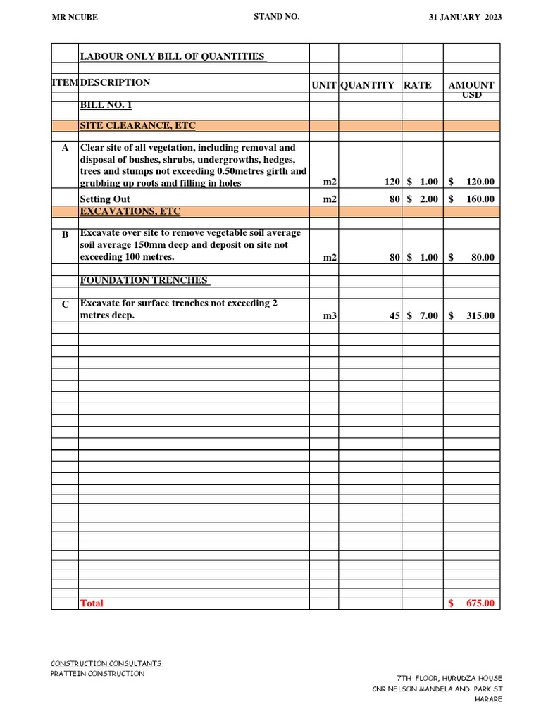 Client - MR Ncube (Bill of Quantities) | PDF | Pipe (Fluid Conveyance) | Concrete