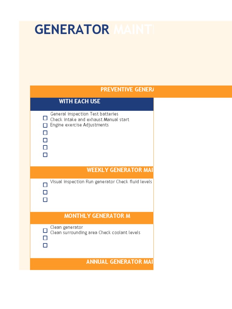Generator Maintenance Checklist List | PDF | Technology & Engineering
