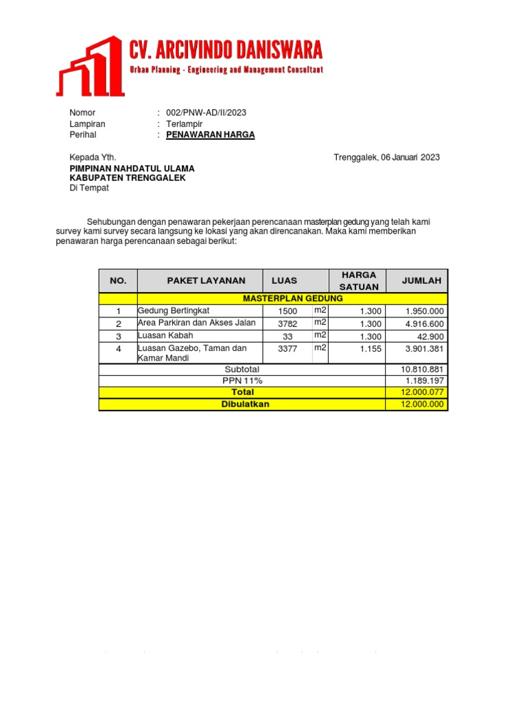Surat Penawaran Harga Perencanaan Nu M2 | PDF