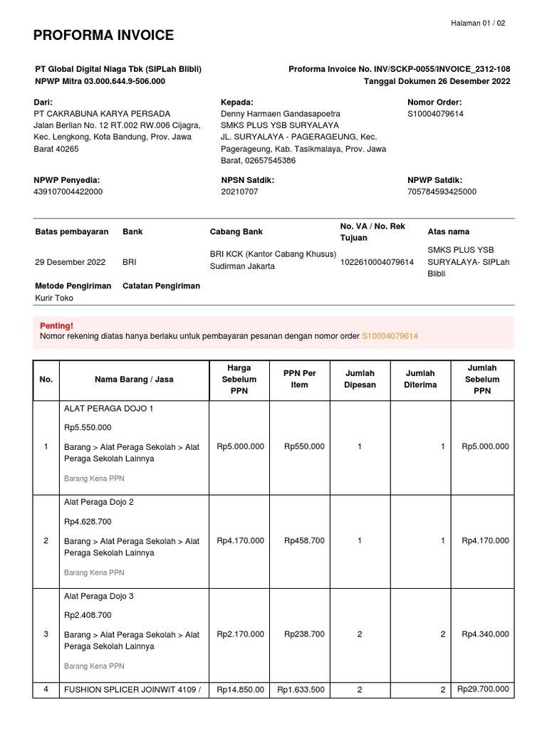 Proforma Invoice S10004079614 | PDF