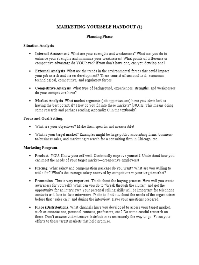 Marketing Yourself - Description Handout | PDF | Résumé | Marketing
