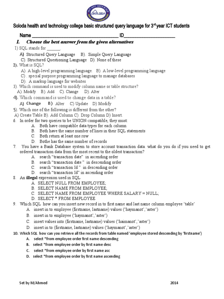 Final Exam E | PDF | Sql | Database Transaction