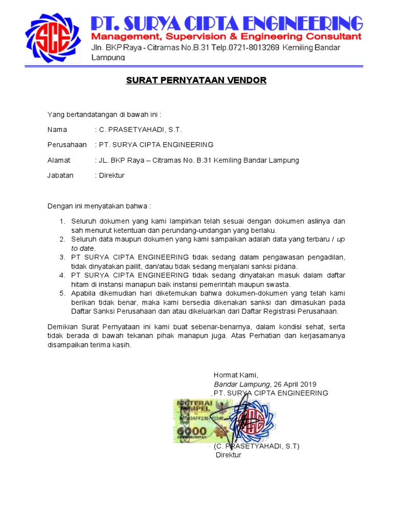 Surat Pernyataan Vendor PT. Surya Cipta | PDF