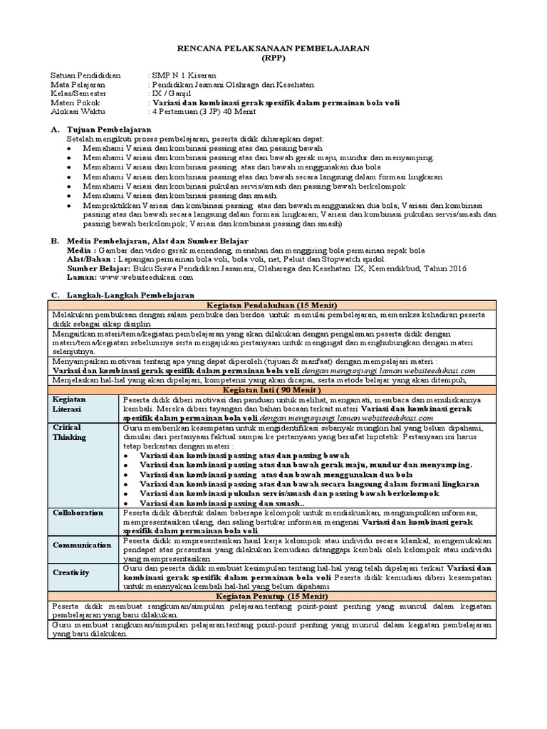 RPP 1 Lembar Pjok Kelas 9 - Bola Voli | PDF